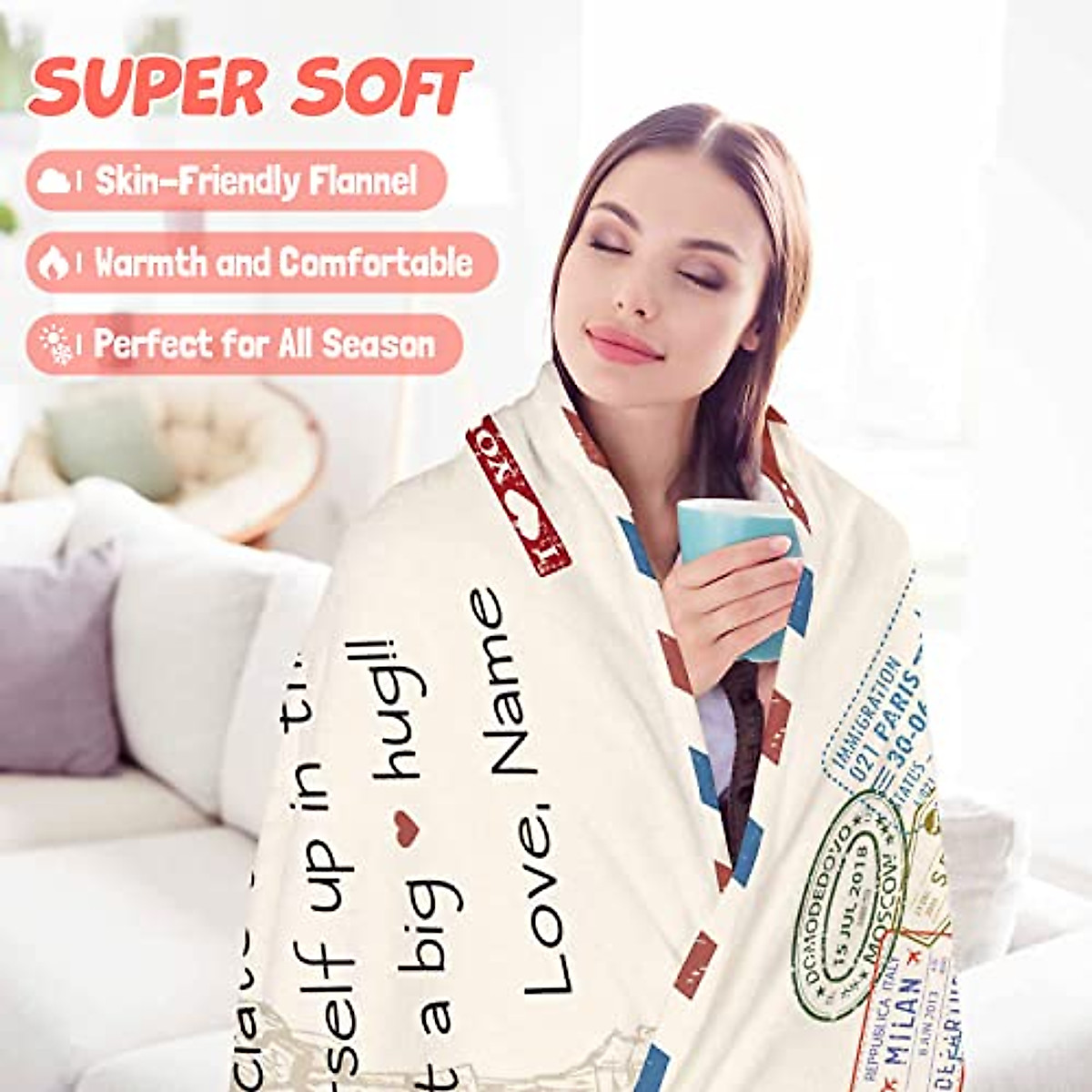 Neywoll Personalized Blanket for Mom from Daughter or Son, to My Mom Love Letter Air Mail Blankets, Soft Couch Bed Fleece World Landmarks Blanket 40x50 Inches