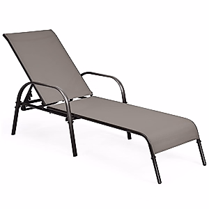 COSTWAY Outdoor Patio Lounge Chair Chaise Fabric Adjustable Reclining Armrest Pool Brown
