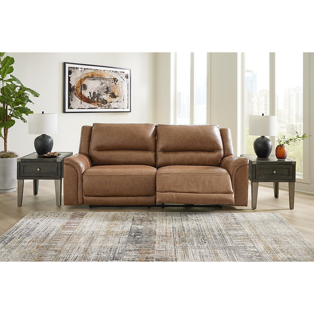 Signature Design by Ashley Trasimeno Contemporary Leather Match 2 Seat Power Reclining Sofa with Adjustable Headrest and USB Ports, Dark Brown