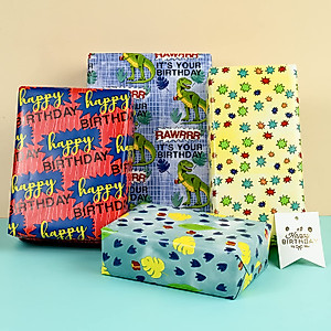 WRAPAHOLIC Birthday Wrapping Paper Roll - Dinosaur and Irregular Pattern Design Perfect for Celebration, Party, Baby Boy Present Packing - 4 Rolls - 30 inch X 120 inch Per Roll