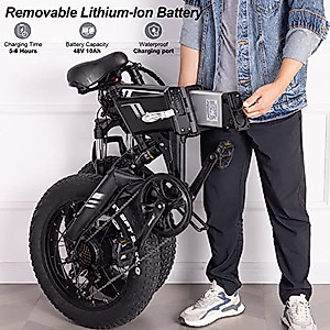 Wooken Electric Bike, 20'' Fat Tire for Adults, 500W Folding with 48V 10Ah Battery, Shimano 7 Speed Gears, Dual Shock Absorber, 20MPH Ebike Commute Mountain Beach Snow.