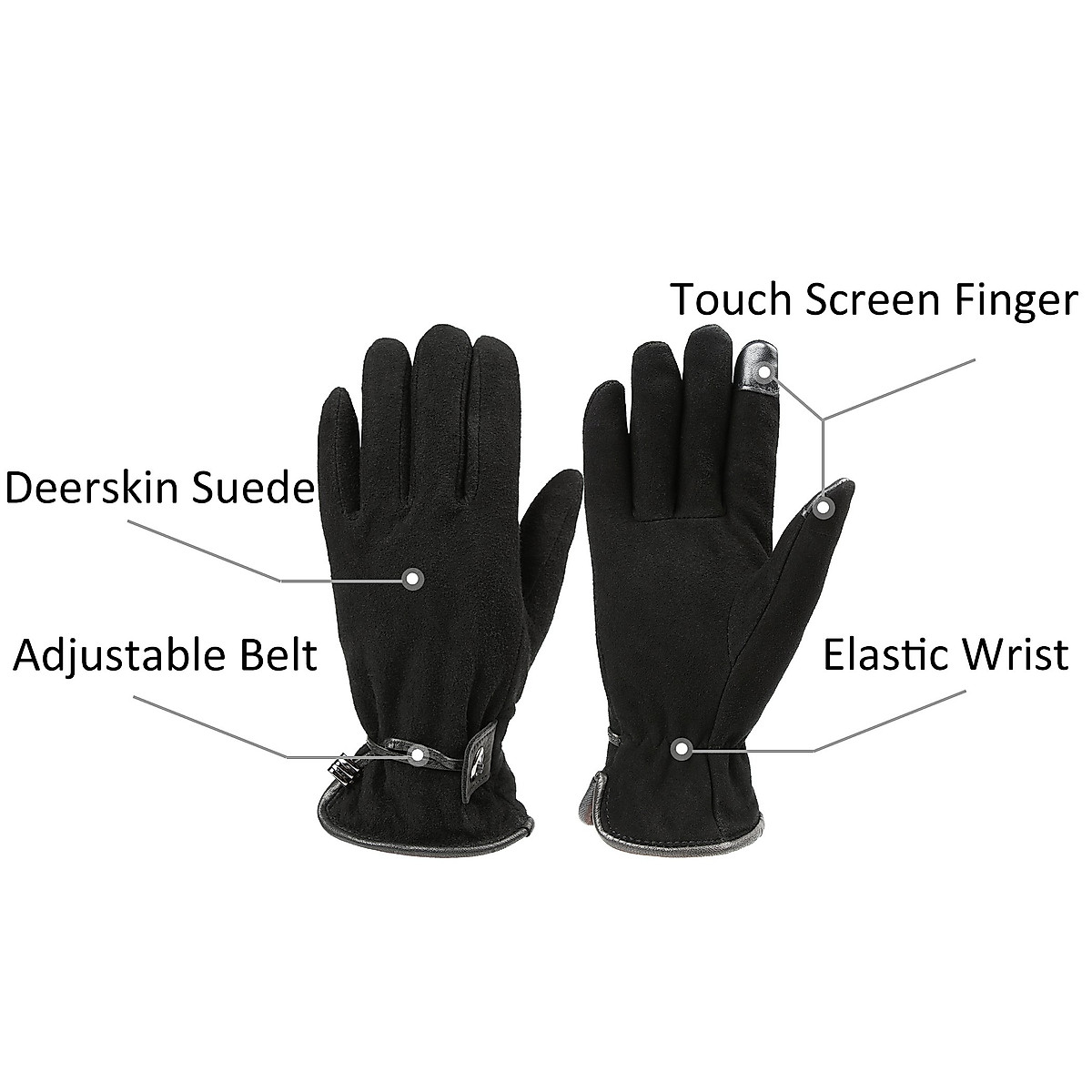 OZERO Winter Gloves for Women Touch Screen Deerskin Suede Leather Thermal Silky Velour Lining Cold Proof Hands Warm Gifts (Black,Medium)