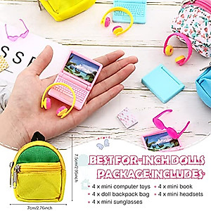 20 Pieces Doll Backpack Set Dollhouse School Accessories Doll Travel Supplies Include Mini Laptop Scene Simulation Backpack Bag with Zipper Mini Headsets Toy Sunglasses Book for 1/12 1/6 Scale