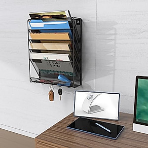 samstar Wall File Organizer with Hooks, 6 Tier Wall Mount File Holder Hanging File Organizer Vertical File Rack for Office/School/Home, Black