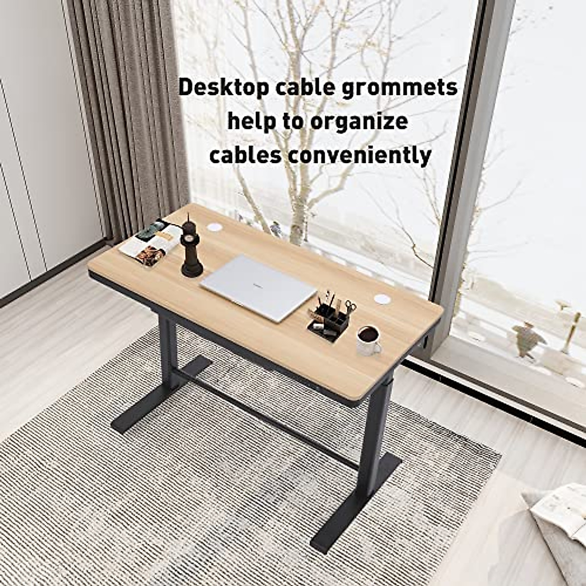 FARRAY Electric Standing Desk with Drawer, 45 x 24 Inch Adjustable Height Desk with Power Strip & USB Ports, One-Piece Top Stand Up Desk, Modern Sit Stand Desk (Oak Top + Black Frame)