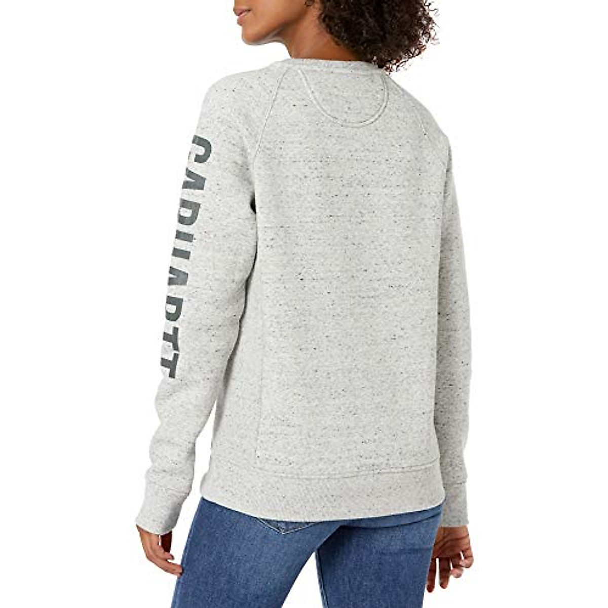 Carhartt Women's Relaxed Fit Midweight Crewneck Block Logo Sleeve Graphic Sweatshirt, Asphalt Heather NEP, Medium