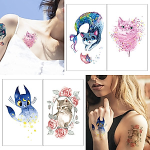 Father.son 12 Sheets Watercolor Cat Temporary Tattoos for Girls Kids, Cute Kitty Waterproof Fake Tattoos Body Art Sticker, Animal Birthday Supplies, Pet Lover Party Favors, Meow Arts and Crafts