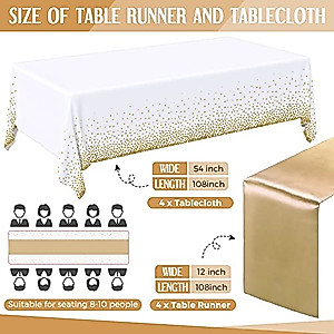 8 Pack Disposable Plastic Tablecloths and Satin Table Runner, 54 x 108 Inch Tablecloth, 12 x 108 Inch Table Runners for Wedding Graduation Birthday Baby Shower New Year Party (Gold)