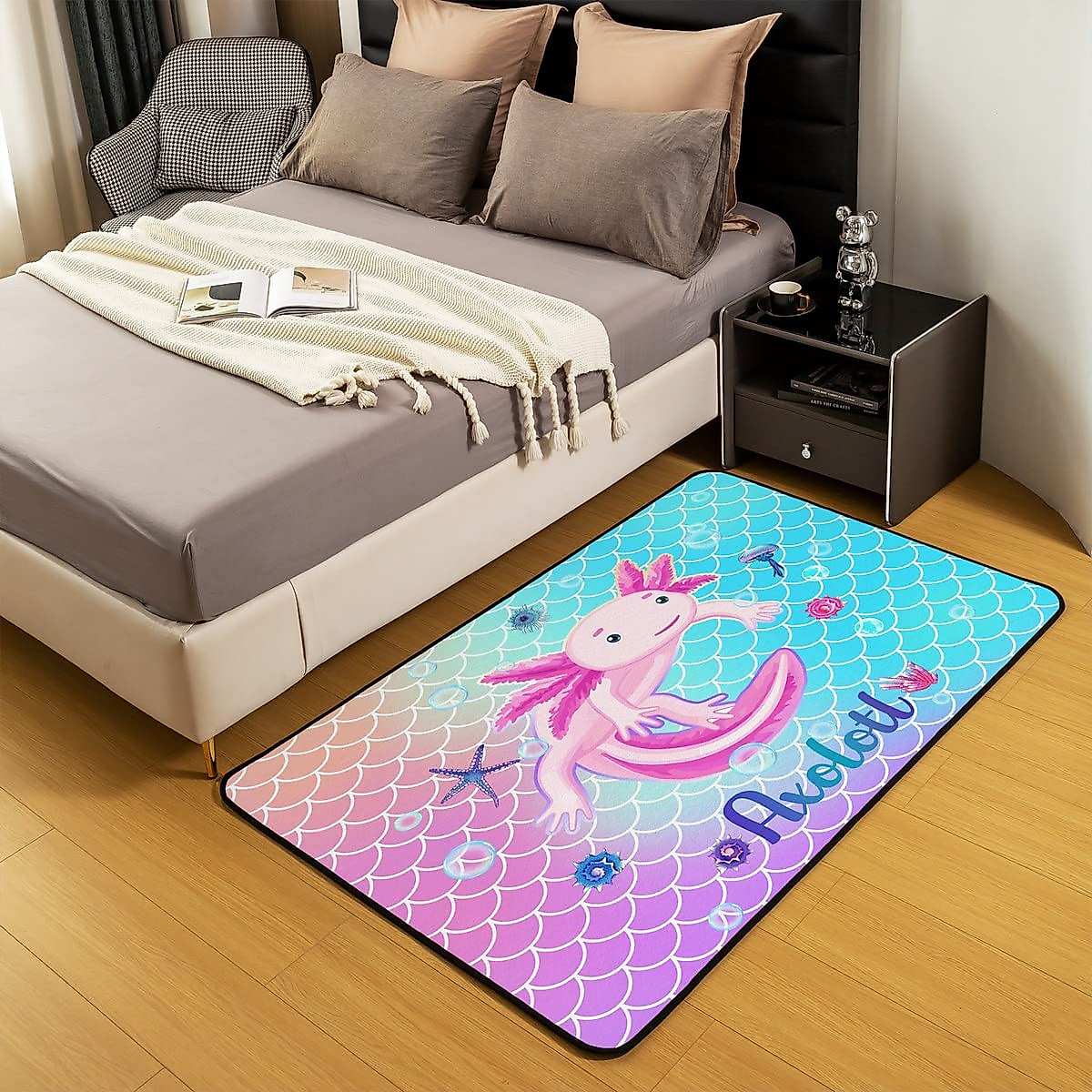 Axolotl Area Rug 5x7 for Bedroom Living Room, Kawaii Rainbow Axolotl Washable Rug, Gradient Fish Scales Carpet Runner Non Slip, Girls Ocean Life Starfish Decorative Accent Rug, Non Shedding
