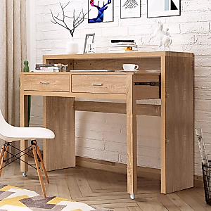 Tangkula Extendable Computer Desk with 2 Drawers, Small Writing Desk with Pull Out Secondary Desk, Console Table, Wood Study Workstation, Laptop Desk for Small Space Home & Office (Natural)