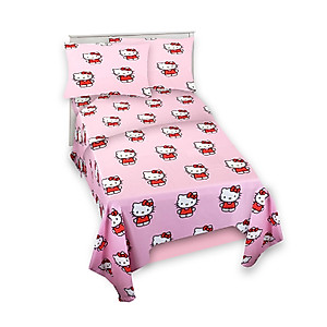 Hello Kitty Sheet Set - Bundle of Hello Kitty Bedding Including: Flat Sheet, Fitted Sheet, and Pillowcase for Twin Bed Plus Stickers, More for Kids