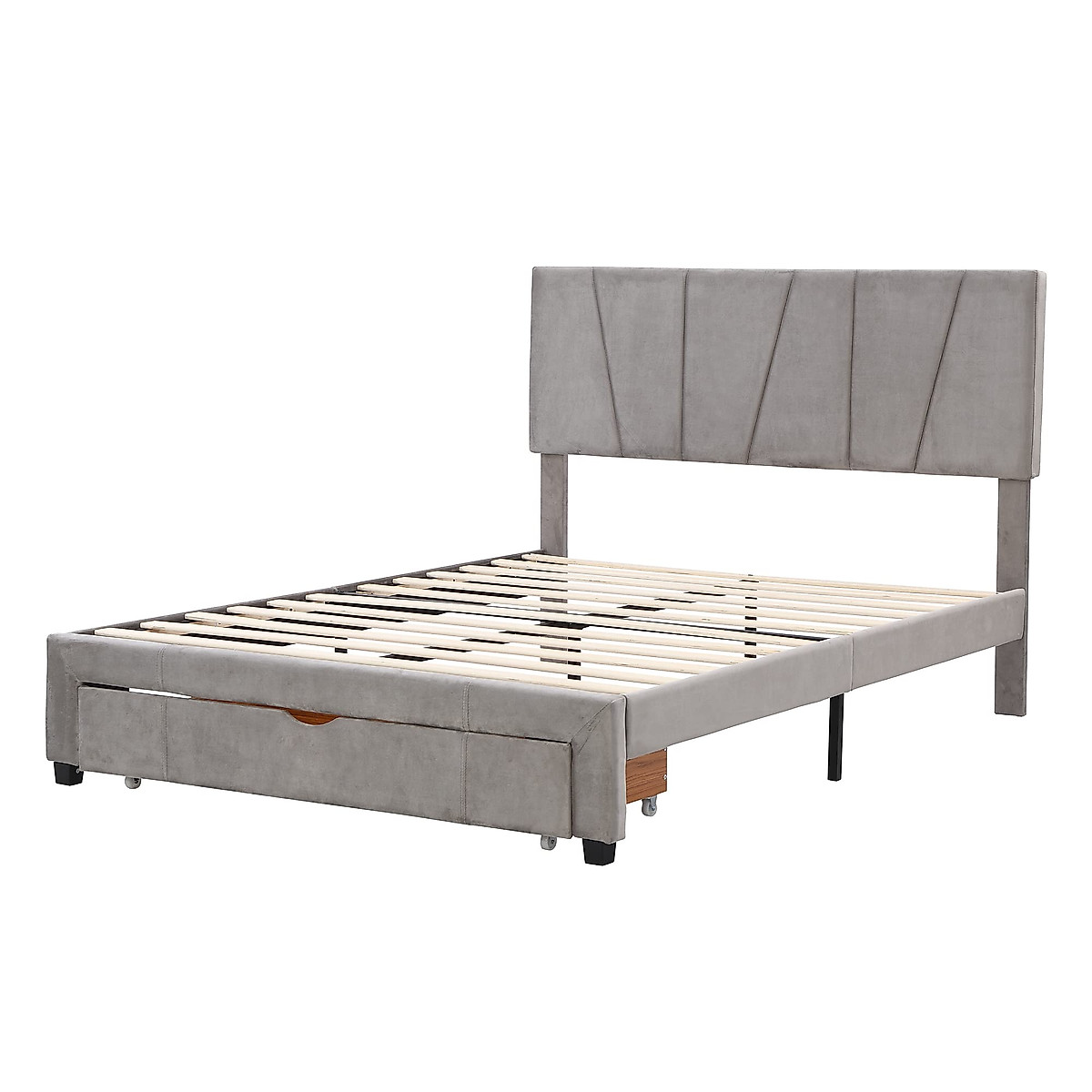 DHPM Queen Size Upholstered Platform Bed with 1 Large Drawer, Wood Bed Frame with Wing Back Headboard, Solid Wood Slats Supported, No Box Spring Needed