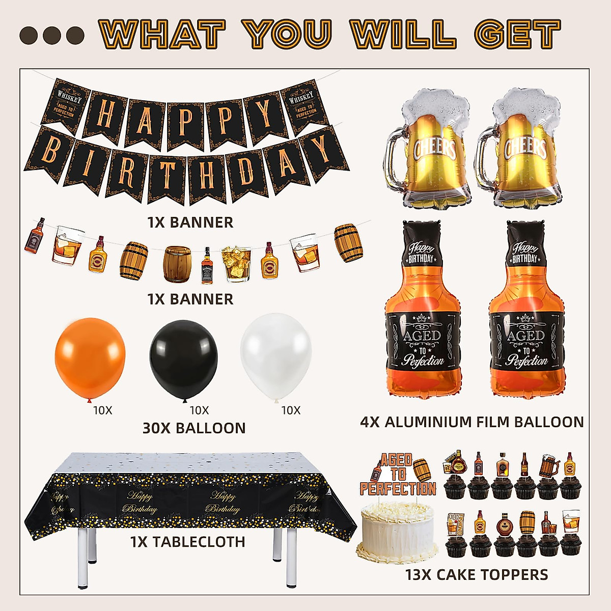 Whiskey Birthday Party Decorations for Men Aged to Perfection Party Supplies Include Birthday Banner Whiskey Garland Tablecloth Cake Toppers Foil Balloons for Whiskey Party Decorations for Dad Daddy
