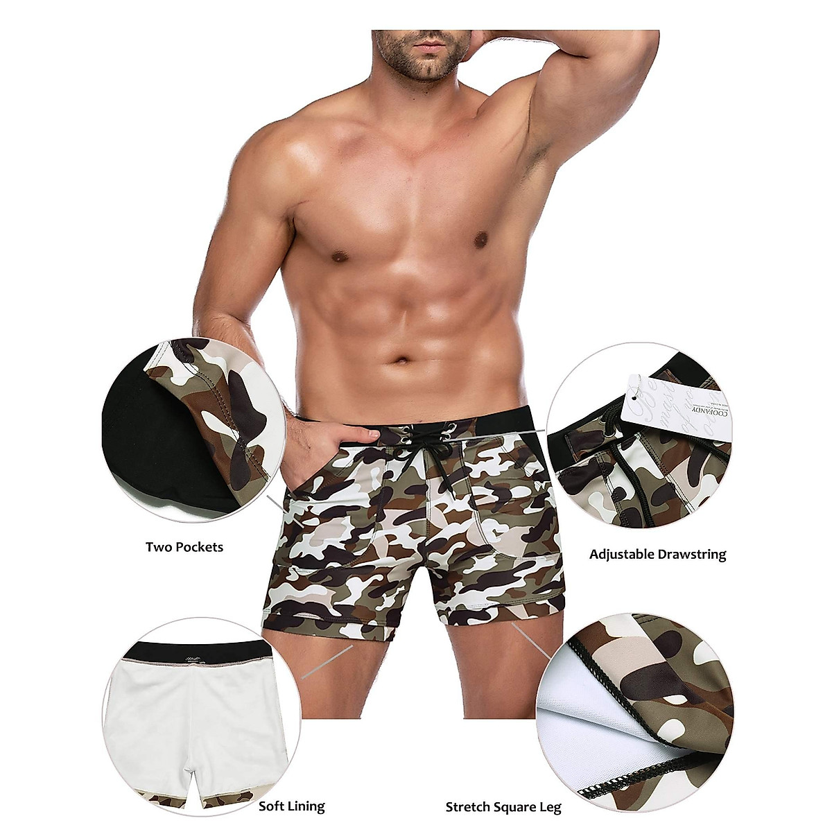 COOFANDY Mens Camo Quick Dry Swimwear Shorts with Pockets, Large, Brief - Army Green