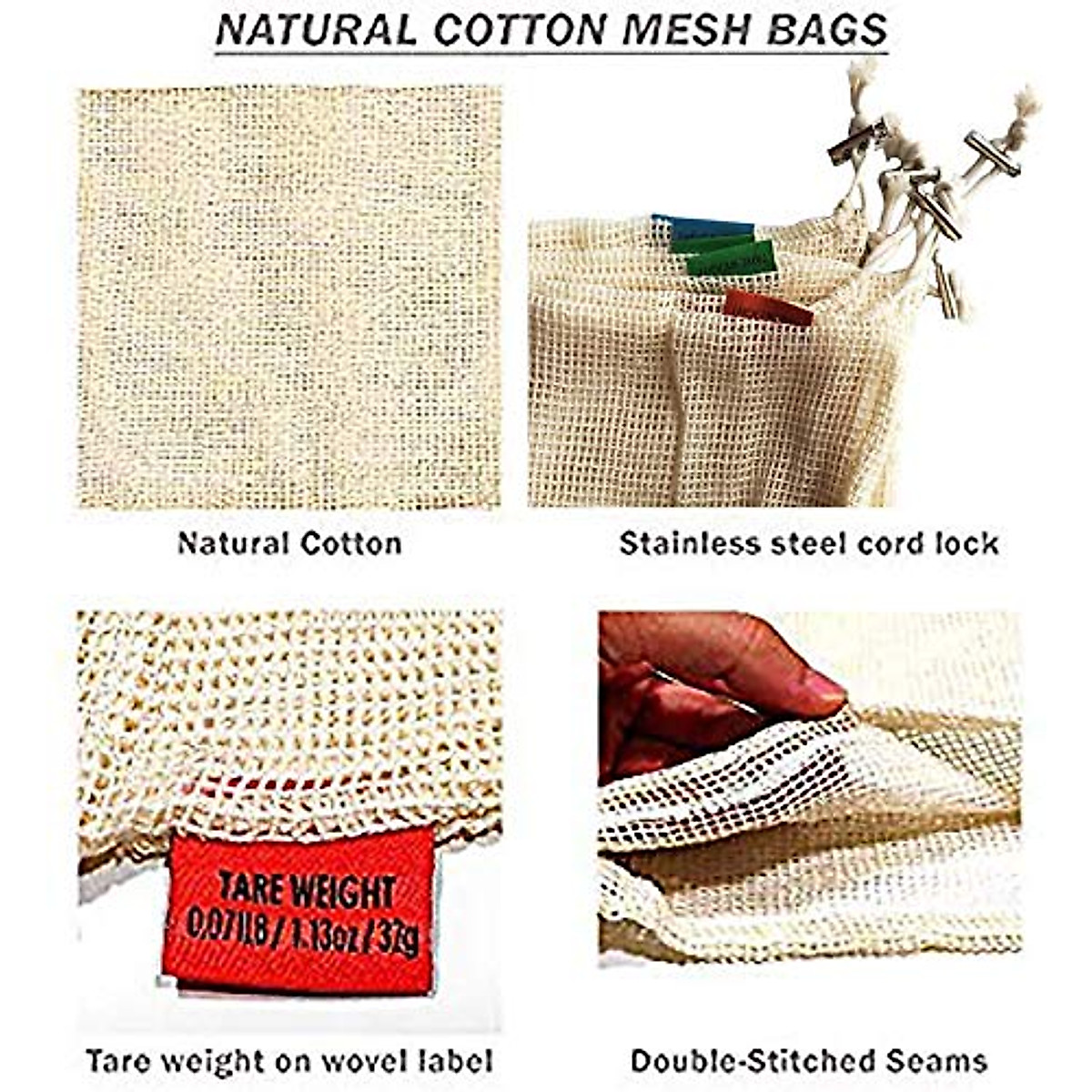 Reusable Mesh Produce Bags, Organic Cotton Eco Friendly Washable Durable Bags Set of 6pcs Drawstring Bags for Vegetable Fruit Storage Grocery Shopping Toys
