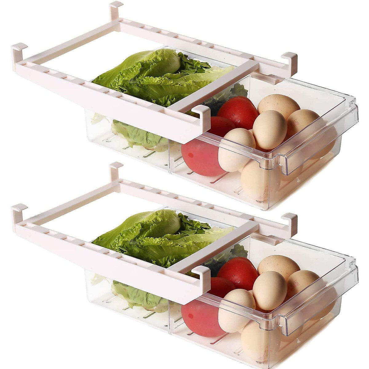 shopwithgreen 2 Pack Refrigerator Organizer Bins with Handle, Pull-out Fridge Drawer Organizer, Freely Pullable Refrigerator Storage Box with 2 Divided Sections, Fit for 0.6'' Fridge Shelf