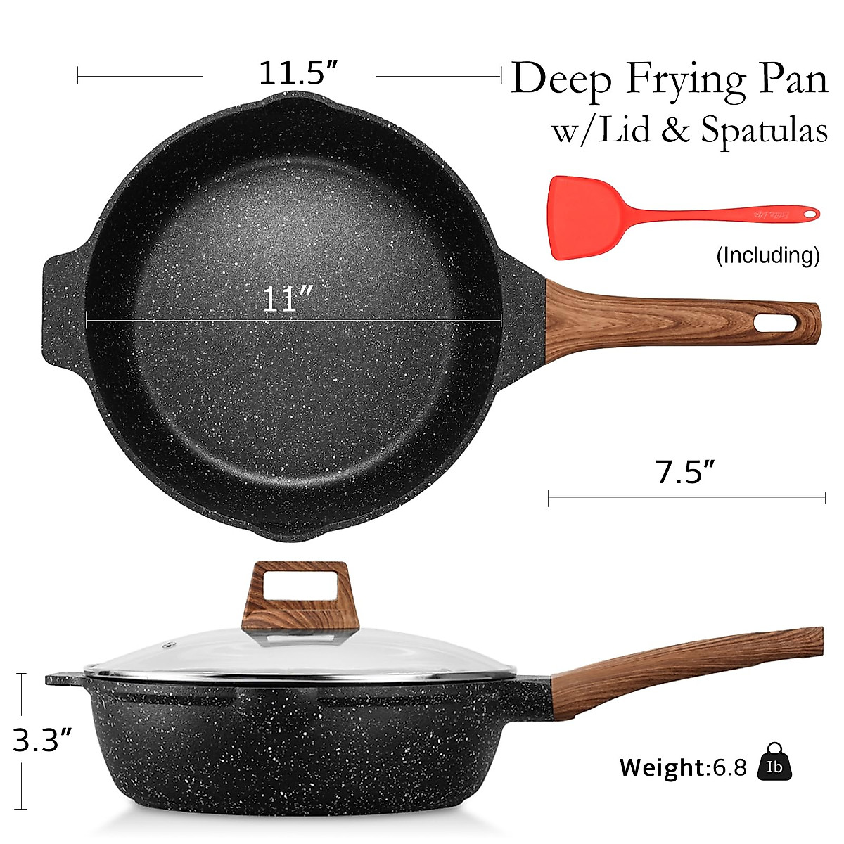 ESLITE LIFE Nonstick Deep Frying Pan with Lid, 5 Quart/11 Inch Granite Coating Sauté Pan Compatible with All Stovetops (Gas, Electric & Induction), PFOA Free, Black
