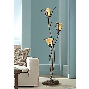 Franklin Iron Works Rustic Farmhouse Sculptural Floor Lamp Standing 68 1/4" Tall Bronze Gold 3-Light Amber Glass Intertwined Lily Flower Shade for Living Room Reading Bedroom Office House Home