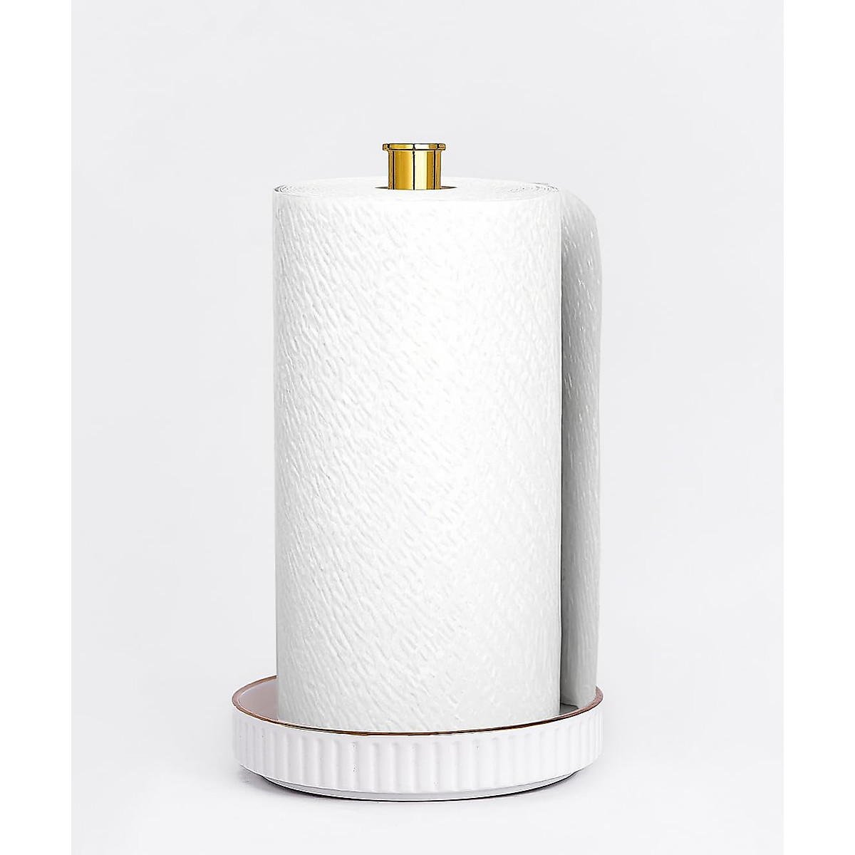 VROOMIUM Gold Paper Towel Holder Countertop, Ceramic Base Easy-to-Clean, 1.4 lbs, 7" B x 12.5" H, Stable Elegant and Durable Kitchen Roll Stand