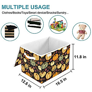 CaTaKu Pumpkins Fall Leaves Storage Bins with Lids and Handles, Fabric Large Storage Container Cube Basket with Lid Decorative Storage Boxes for Organizing Clothes