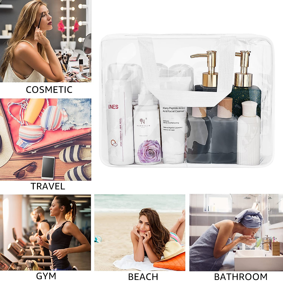 3pcs TSA Approved Clear Toiletry Bag, Crystal Clear Travel Bag PVC Cosmetic Bag, Travel Accessories Clear Makeup Bags Set Carry on Airport Airline Compliant Bag Luggage Pouch with Zipper Handle Women