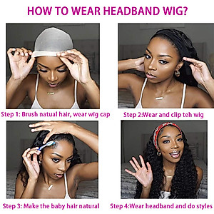 WENYAN Headband Wig Human Hair Deep Wave 16 Inch Wigs for Black Women Glueless None Lace Front Curly Wave Wig Brazilian Virgin Hair Wear and Go Wigs Machine Made 150% Density Wigs Natural Color