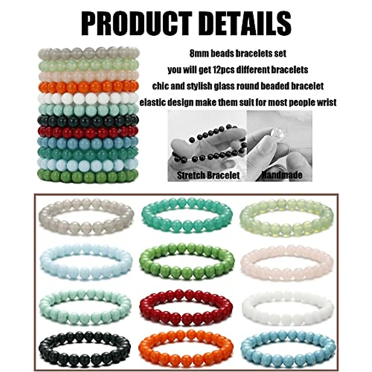 BOMAIL 12Pcs 8mm Beaded Stretch Bracelet Handmade Round Glass Bracelet for Women Multicolor Matte Beads Elastic Bracelet Gifts