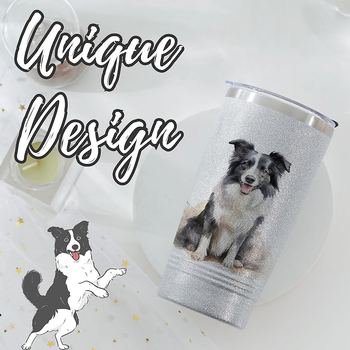 Onebttl Border Collie Gifts for Women/Men, Unique 20oz Border Collie Glitter Tumbler with Lid and Straw, Border Collie Gifts for Birthday, Christmas