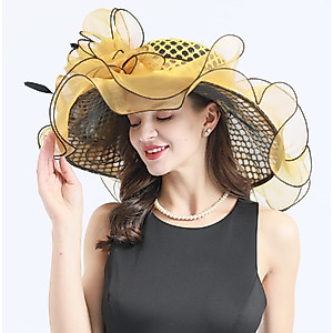 TLMNU Women Derby Church Hat Organza Flower Wedding Tea Party Fascinator Hat Wide Brim Sun Hat F5-Golden Hole