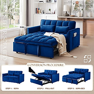 Brafab Pull Out Sofa Bed, 3 in 1 Convertible Sleeper Sofa Couch Bed, 55" Loveseat Velvet Tufted Sofa Bed with Adjustable Backrest, Side Pocket and 2 Throw Pillows, for Living Room Bedroom, Navy Blue