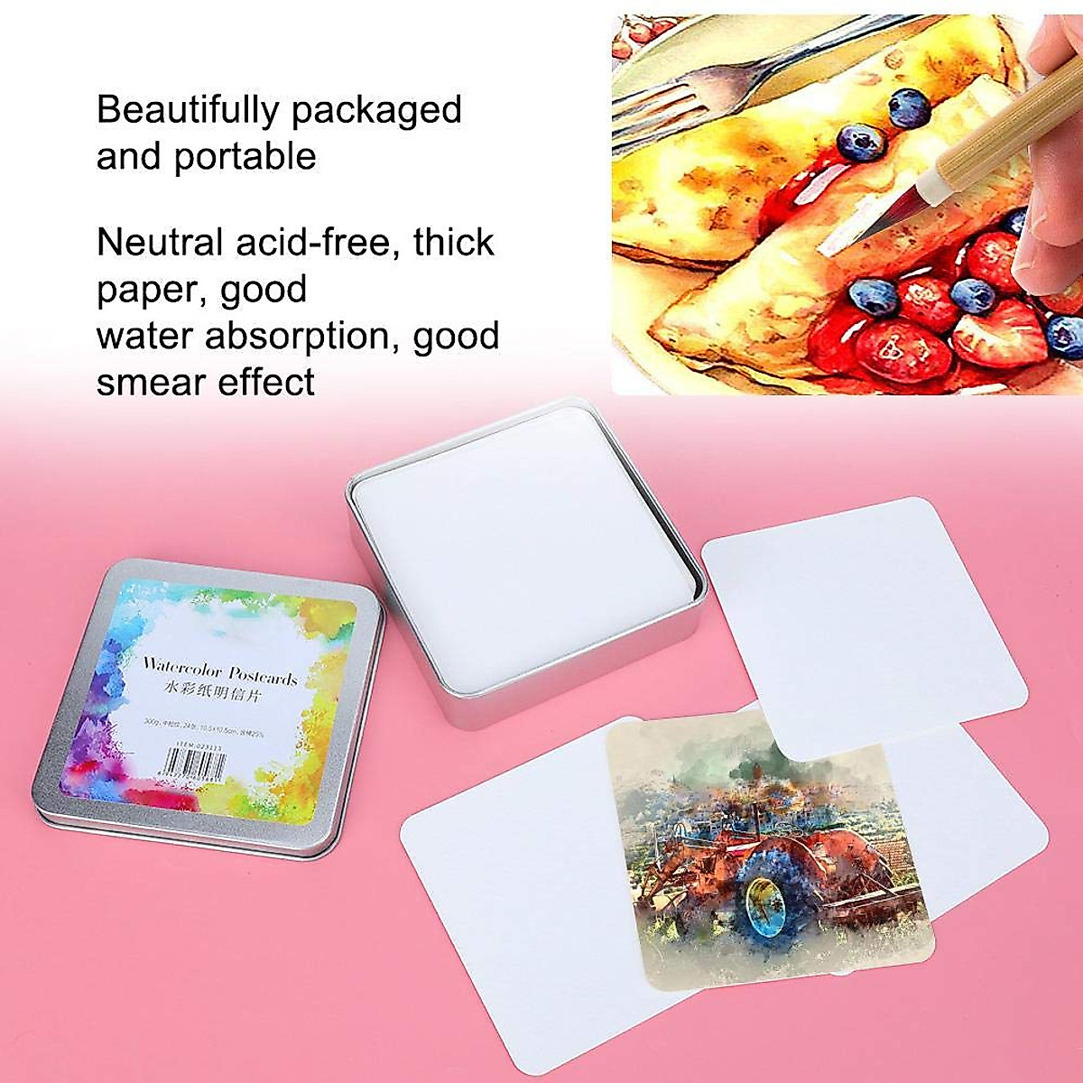 Gerioie Watercolor Paper, Art Paper Watercolor Paper Pad Watercolor Tool, Paper Craft Supplies Cold(Square tin Box 24/Sheet)