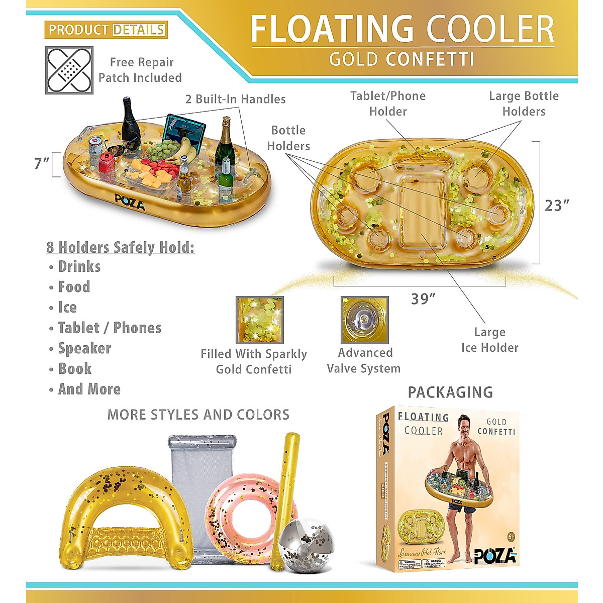 POZA Inflatable Gold Floating Cooler - Luxurious Drink Holder Filled with Sparkly Confetti, Premium Party Float with 8 Holders, Serving Bar for Beach, Lake, Hot Tub, Jacuzzi and Pool - 39x23 Inches