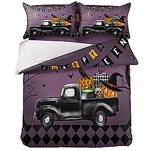 Halloween Pumpkin Ghost Face Black Truck Duvet Cover Sets 4 Piece Full Ultra Soft Bed Quilt Cover Set for Kids/Teens/Women/Men,Bat Dead Trees Plaid Bedding Collection All Season Use