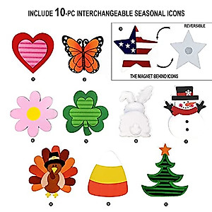 Winder Rustic Home Sign & Love Sign with 10-PC Interchangeable Holiday 2-Side Cutout Decorative Letters Seasonal Wooden Freestanding Decorations for Spring Easter 4th of July Home Decor (Natural)