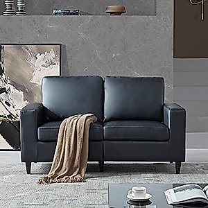 Woanke Sofa Modern Style Loveseat PU Leather Upholstered Couch Furniture for Home or Office, Solid Frame and Wood Legs, Black