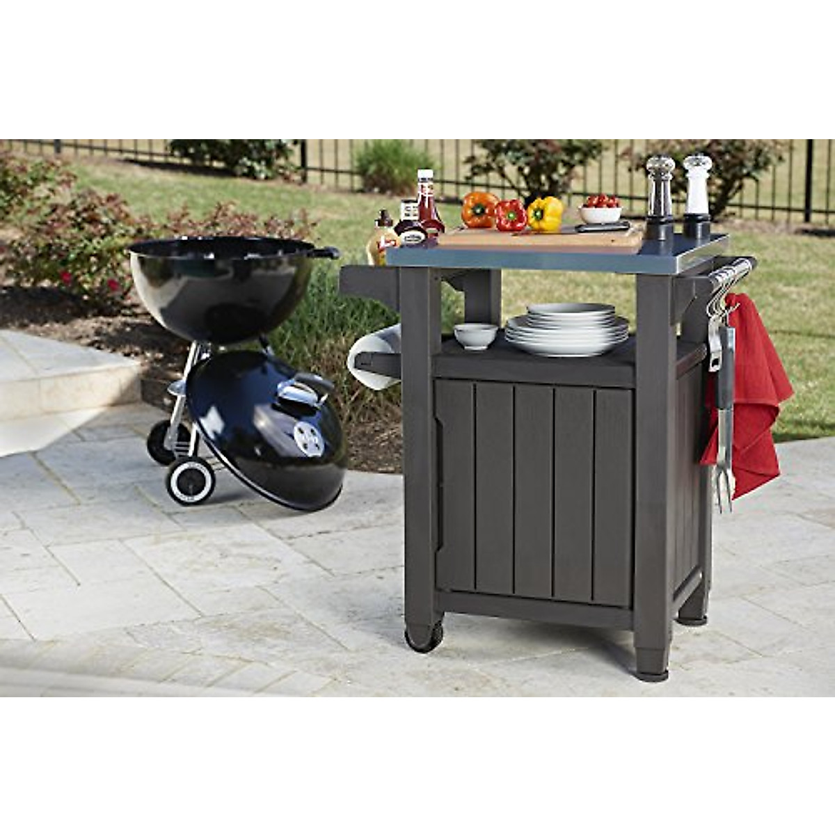 Keter Unity Portable Outdoor Table and Storage Cabinet with Hooks for Grill Accessories-Stainless Steel Top for Patio Kitchen Island or Bar Cart