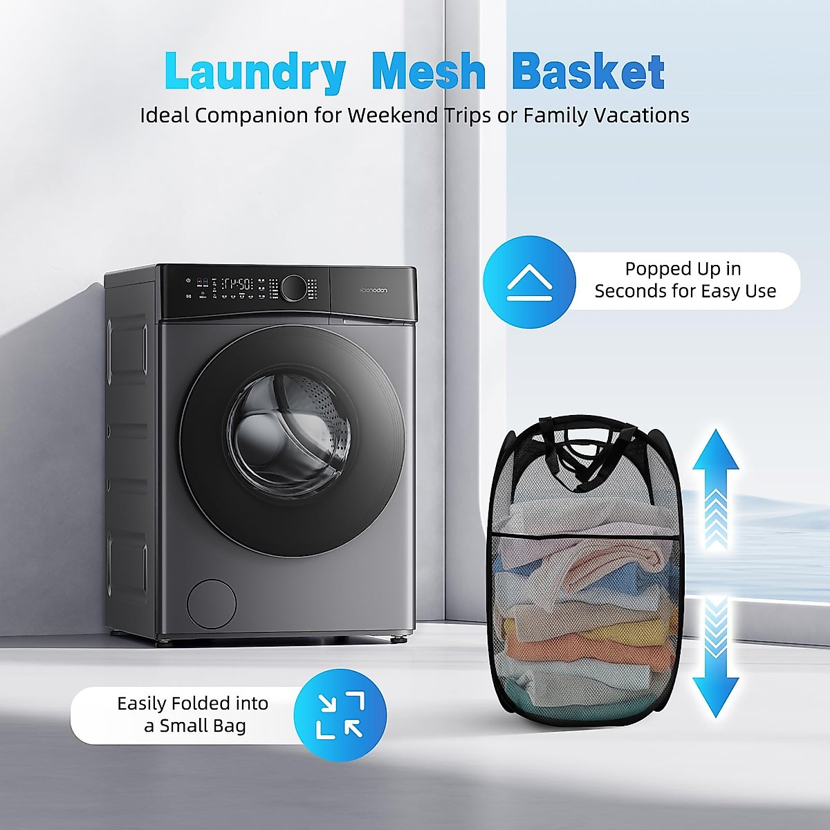 RocoReny Collapsible Laundry Mesh Basket with Pop Up Hamper ＆ Wide Opening Mesh, Breathable, Sturdy, Foldable, and Space-Saving Design for Clothes and Storage.