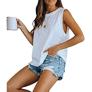 Women's Summer Sleeveless Tank Top Loose Fit Casual Crew Neck T Shirts Basic Tee Tops White