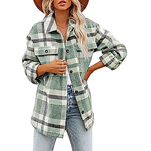 Dokotoo Womens Vintage Plaid Button Down Shirts Checked Roll Up Long Sleeve Flannel Shirt Cardigans Juniors Oversized Turn Down Collar Shacket Jacket for Women Outerwear Green XXL