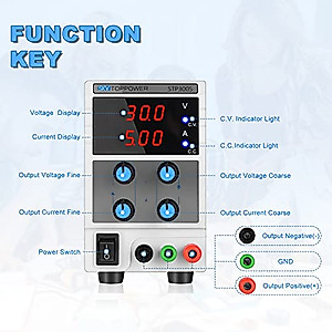 DC Power Supply Variable 30V 5A 3-Digital Single-Output 110V Lab Regulated Power Supply with Alligator Leads, Power Cord for DIY Electronics Testing, Repairing& Researching