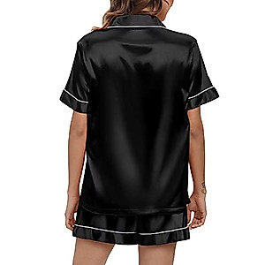 HPWUZK Women's Satin Pajamas sets Short Sleeve Sleepwear Soft Silk Button Down Loungewear Pjs Shorts Set Black