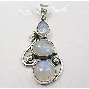 SilverStarJewel Natural Rainbow Moonstone tcw 8.0 Pendant 1.6" 925 Solid Silver