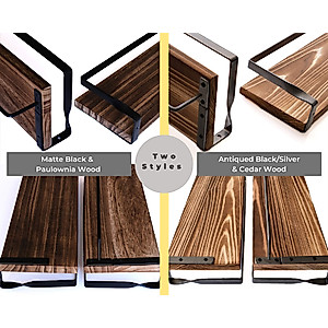 Peter's Goods Rustic Floating Wall Shelves with Rails - Decorative Storage for Kitchen, Bathroom, and Bedroom - Elegant, Modern Shelving - Torched Paulownia Wood, Matte Black Metal Frame - Set of 2