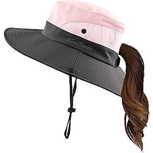 1 Pack Ponytail Sun Hat for Women UV Protection Fishing Hat Foldable Mesh Wide Brim UPF 50+ (Black)