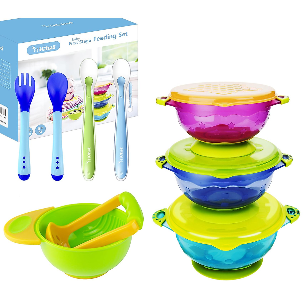 MICHEF Baby Bowls, Baby Feeding Bowls Set with 2 Hot Safe Baby Fork and Spoon, 2 Soft-Tip Silicone Baby Spoons, Mash and Serve Bowl - Baby Shower, Set of 3 Suction Baby Bowls for Toddler with Lids