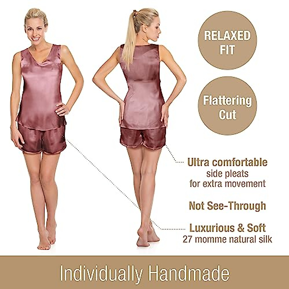 Luxury Artisan Silk Pajamas For Women Tank Set, Pure Mulberry Silk 27 Momme PJs