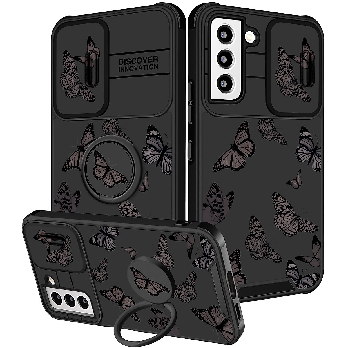 Funermei (2in1 for Samsung Galaxy S22 Case for Girls Women Cute Butterfly Cover Girly Aesthetic Black Pretty Fashion Design with Camera Cover and Ring Stand Funda for Galaxy S22 Phone Cases
