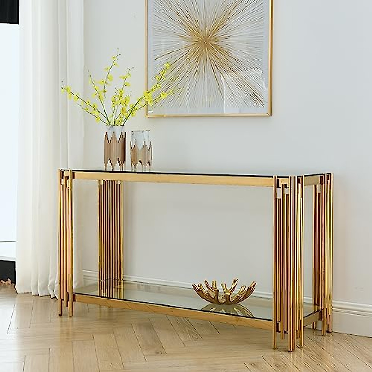 Modern Glass Console Table, 55" Gold Sofa Table with Sturdy Metal Frame and Clear Tempered Glass Top, for Living Room Entryway Bedroom, Gold Finish (Gold4)