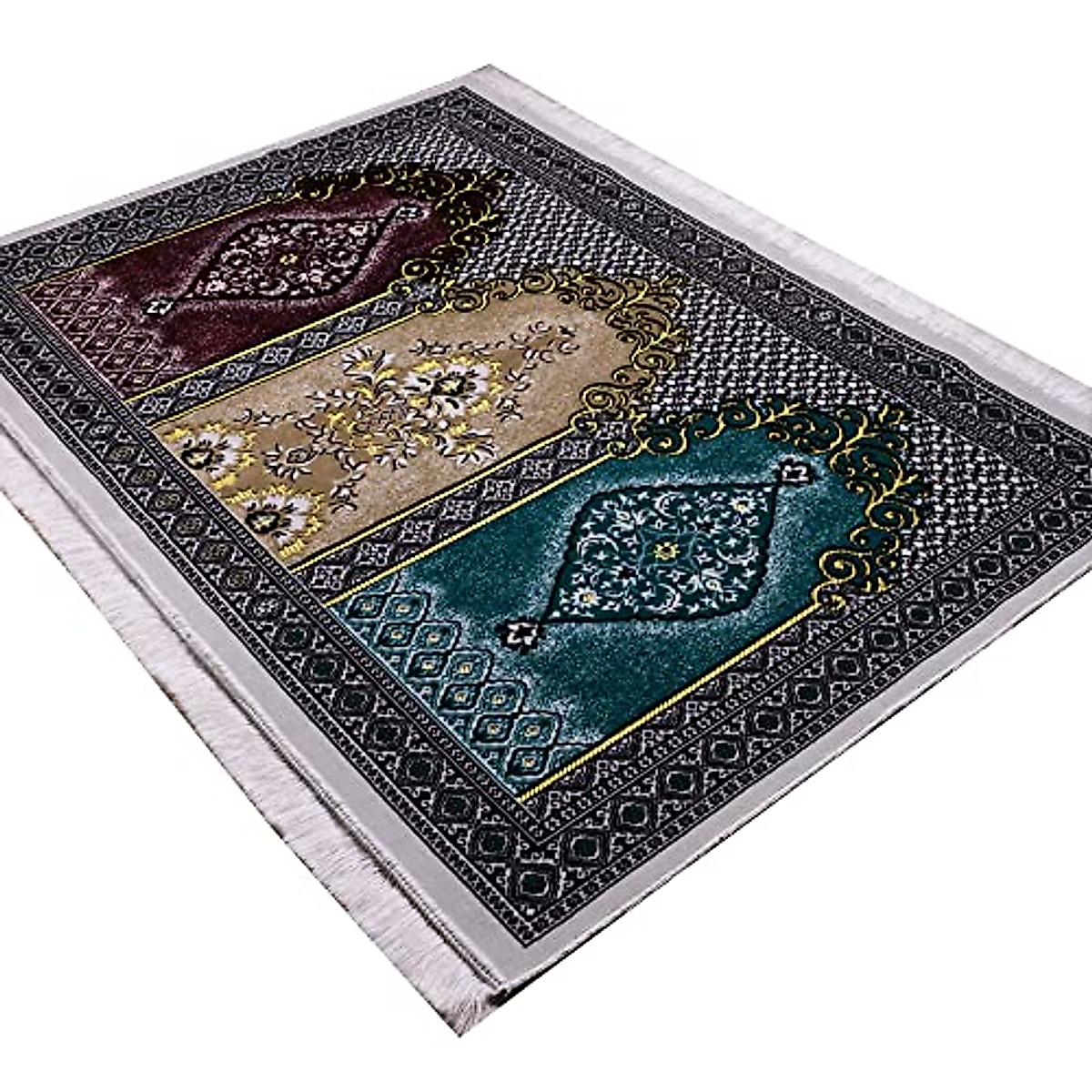 Modefa Turkish Islamic Prayer Rug - Wide Plush Velvet Praying Mat - Multi Person Muslim Janamaz Sajada for Family or Mosque - Large Gathering & Group Praying Carpet - Floral Arch - 3 Person (17-11)