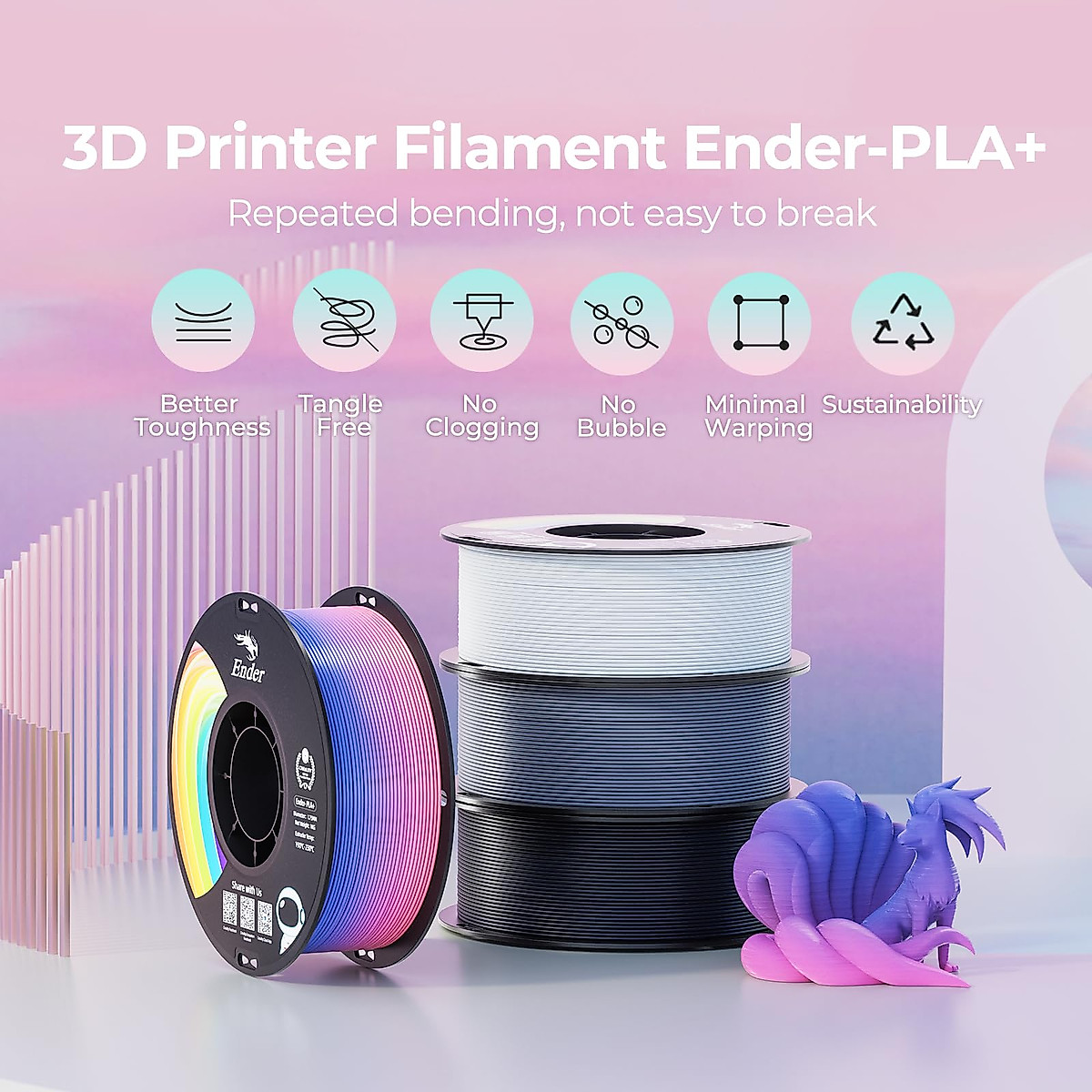 Creality 3D Printer Filament 1.75mm, Rainbow Upgrade PLA+ Filament Strong Toughness No-Tangling Vacuum Packaging 3D Printing Filament Fit Most 3D Printers, 1kg Spool, Accuracy +/- 0.02mm, Multi-Color